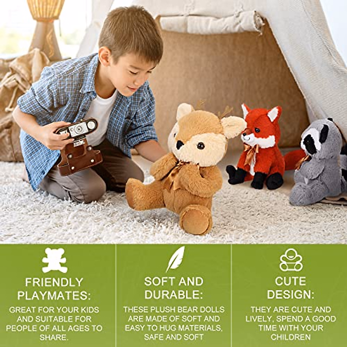 Woodland Stuffed Animal Jungle Animal Toy Set Including Plush Elk Fox Raccoon Black Bear Realistic Toy Woodland Forest Animals Mini Plush Wild Animals Toys