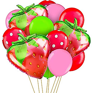 33 Pieces Strawberry Balloons Polka Dots Latex Foil Balloons Shortcake Party Decorations for Girl Sweet One 1st Birthday Party, Summer Fruit Party Supplies (Red)