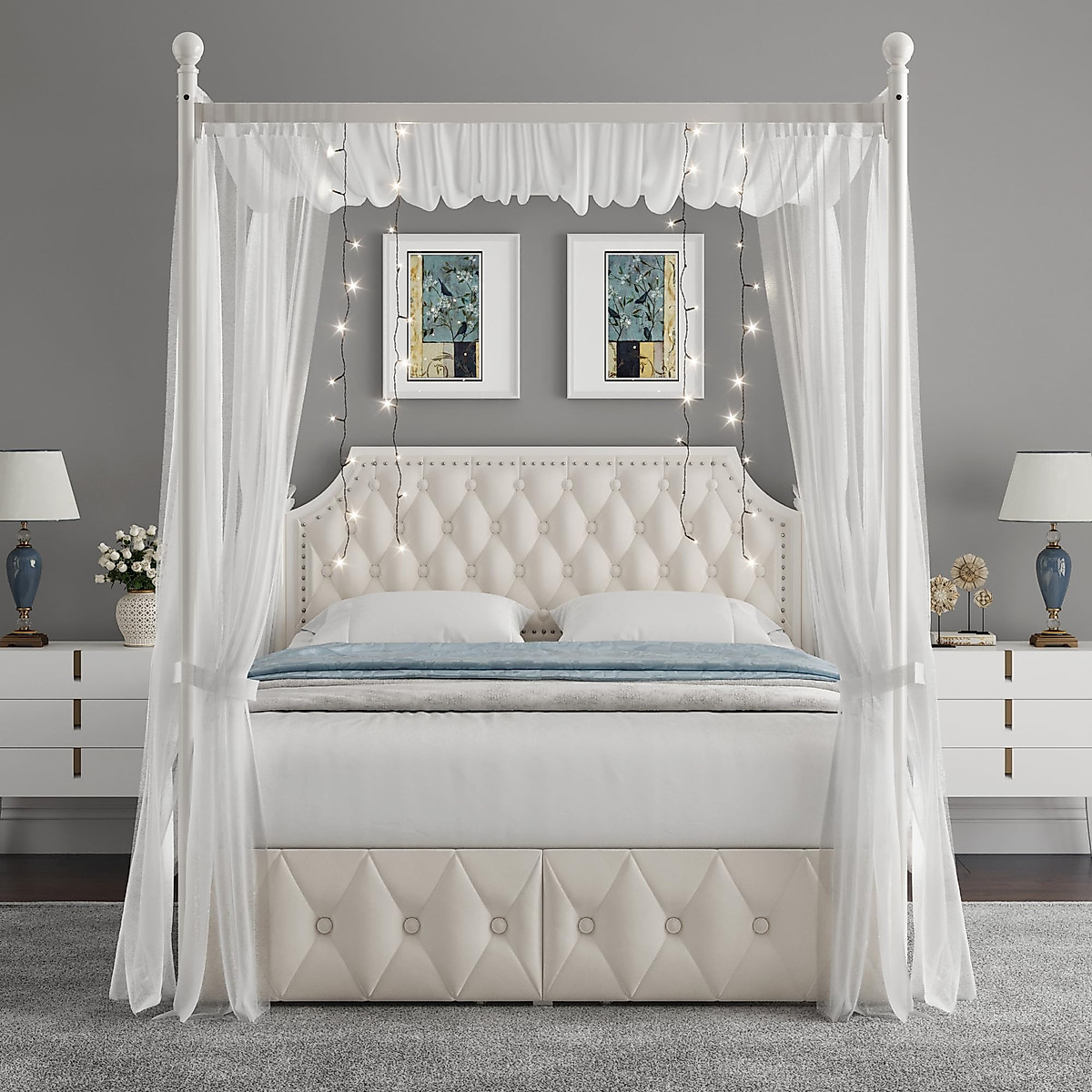 Keyluv Queen Upholstered Canopy Bed Frame with 2 Drawers and Button Tufted Headboard, Metal Platform Bed with 4 Removable Posts Two-Purpose Velvet Bed No Box Spring Needed, Beige/Curtains Not Included
