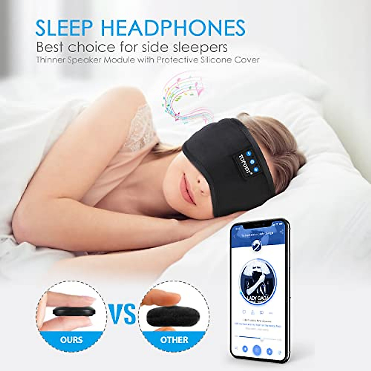 Bluetooth Sleep Eye Mask Wireless Headphones, TOPOINT Sleeping Eye Cover Travel Music Headsets with Microphone Handsfree, Sleep Headphones for Side Sleepers Gift for Men Women (Black)