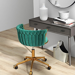 GOOLON Velvet Desk Chair, Modern Office Chair with Wheels, Home Swivel Vanity Armchair with Woven Back Comfy Height Adjustable Seat Sturdy Golden Metal Rolling Base for Makeup Bedroom, Dark Green