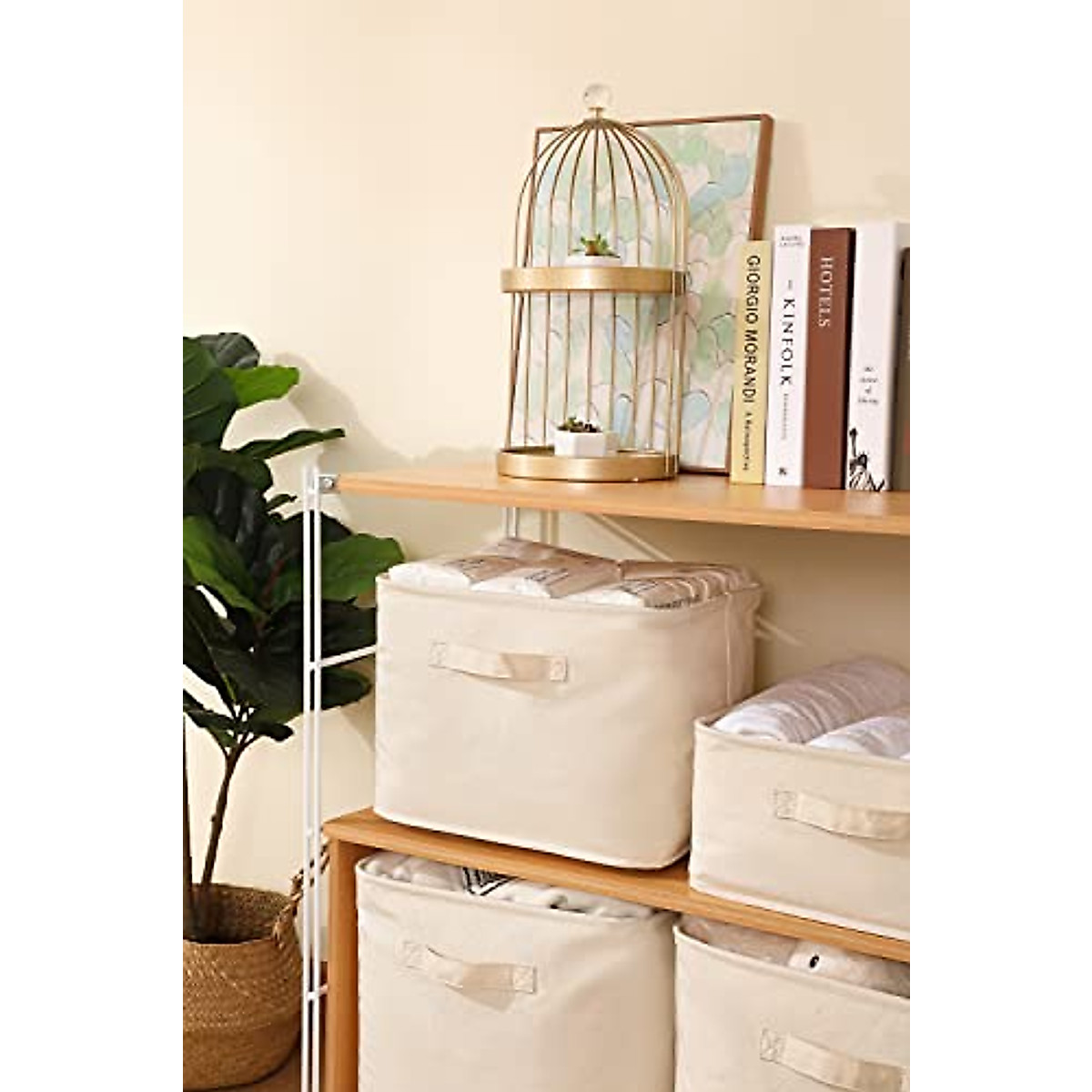 YONBEN Decorative Basket Rectangular Fabric Storage Bin Organizer Basket with Handles for Clothes Storage (13.7 x 13.7 x 6.2, Beige)