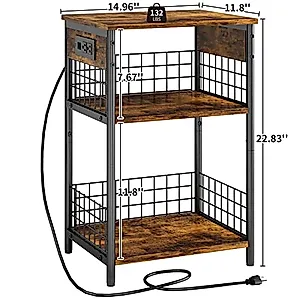 LDTTCUK Side Table with Charging Station & USB Ports,3-Tier End Table for Living Room,Study,Bedroom,Narrow Sofa Table Bedside Table with Storage Shelf,Small Nightstand,Rustic Brown