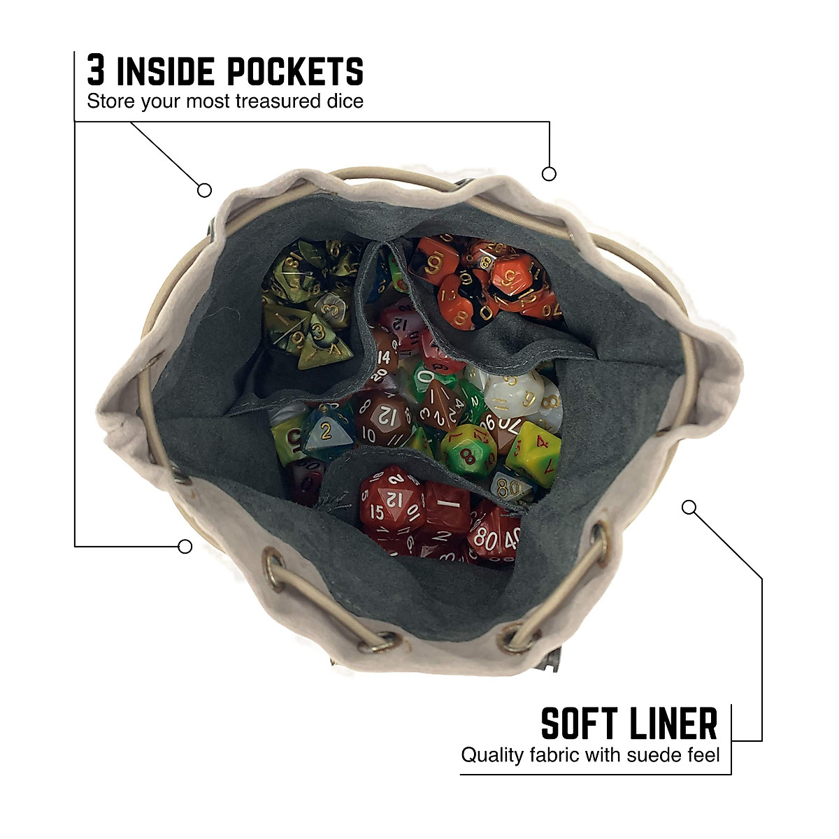 Dundra Multipocket Dice Bag - DND Velvet Pouch - Large Dice Bags for D&D with Pockets - Soft Case for RPG Dice Storage - Drawstring Pouches for Role Playing Games Dice Set - Polyhedral Bag (Brown)