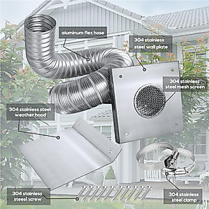 Pellet Stove Fresh Air Intake Kit, 2" x 60" Outside Cold Air Kit for Pellet Stove Pipe, Aluminum Flex Vent Pipe for Pellet Stove Corn with Wall Plate Screen & Screw Hose Clamps