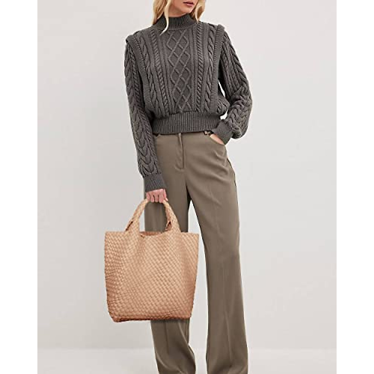 Womens Vegan Leather Woven Bag with Purse, Fashion Handmade Beach Tote Bag Top-handle Handbag