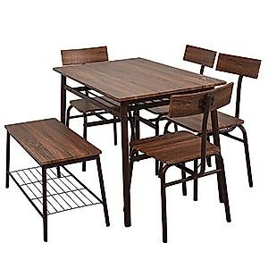 LUCKYERMORE 6 Piece Dining Room Table Set with Bench Compact Wooden Kitchen Table and 5 Chairs with Metal Legs Dinette Sets