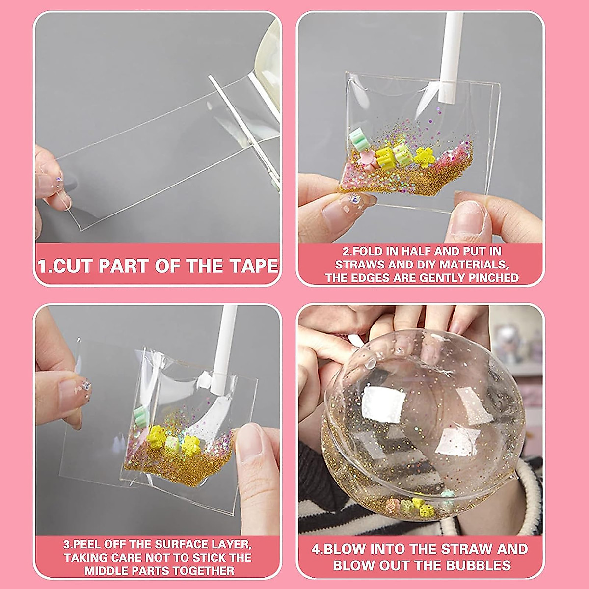 Nano Tape Bubble Kit DIY Set Nano Bubble Tape Toy Kit with Glitter Bubbles Balloon Double Sided Tape for Kids Girls Adult Party Favors Gifts Fidget Toy Craft (Accessories1)