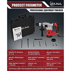 SILVEL 1-1/4 Inch SDS-Plus Hammer Drill, 13 Amp 1500W Rotary Hammer Drill, Heavy Duty Drill with 4 Functions, Demolition Hammer with 3 Drill Bits, Flat Chisels, Point Chisels
