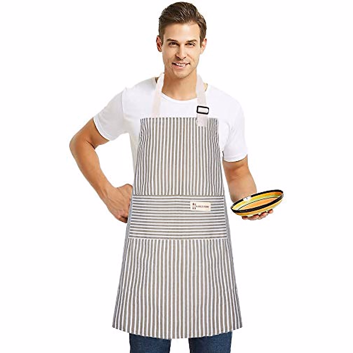 Lofekea Aprons 2 Pack Adjustable Bib Aprons with 2 Pockets Cotton Linen Cooking Kitchen Chef Apron for Women and Men