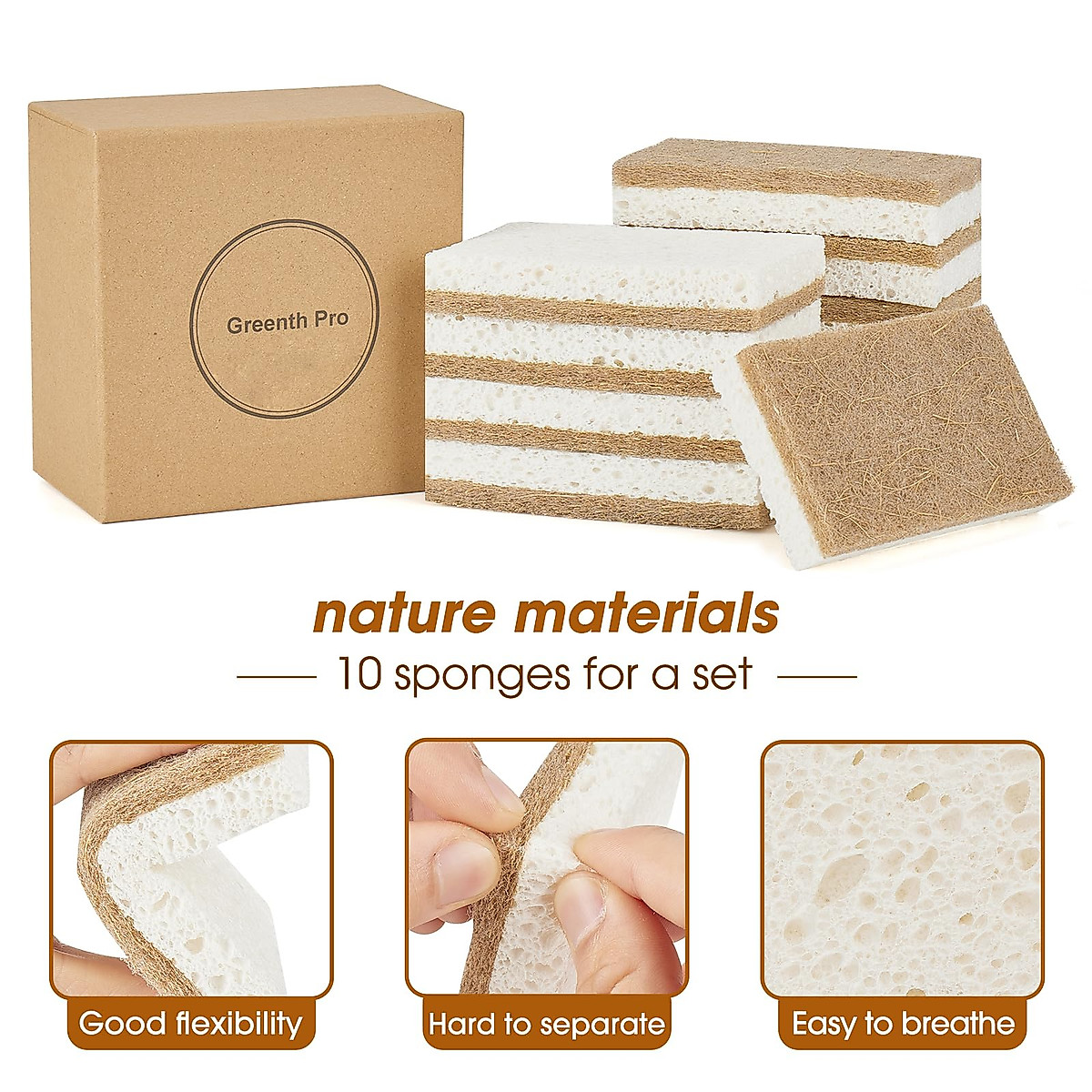 GREENTH PRO 10 Pack Nature Dish Sponge - Natural Kitchen Sponge - Coconut Fiber and Wood Cellulose Scrubber Sponge