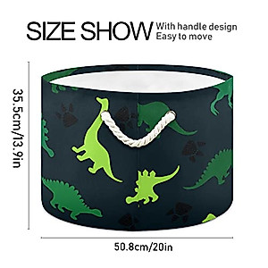 Kigai Green Camo Dinosaur Storage Basket, Collapsible Round Toy Storage Bin, Decorative Laundry Hamper with Handles, Large Organizer Bins