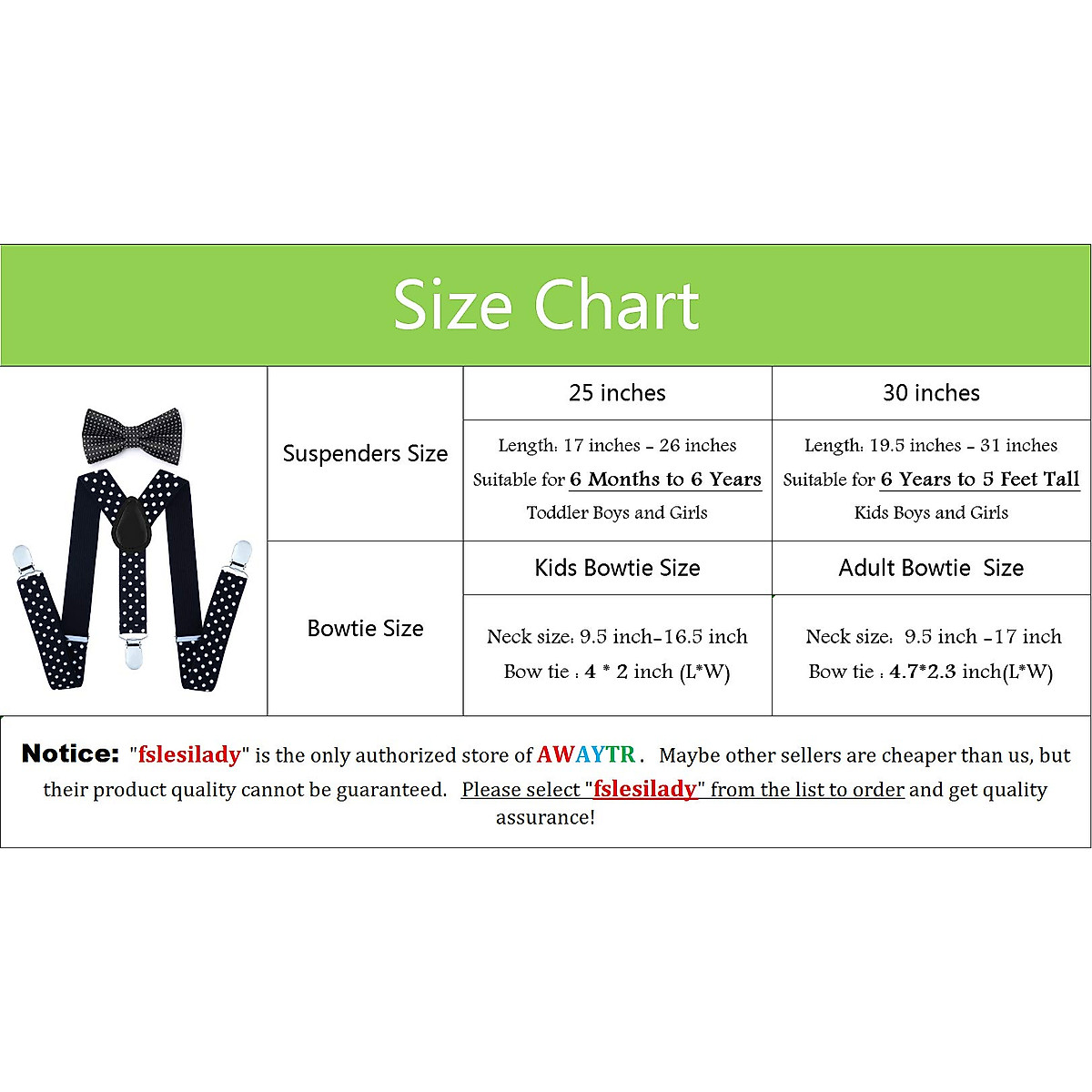 AWAYTR Child Kids Suspenders Bowtie Set - Adjustable Suspender Set for Boys and Girls (25Inches (3 Years to 6 Years),Black Polka dot)