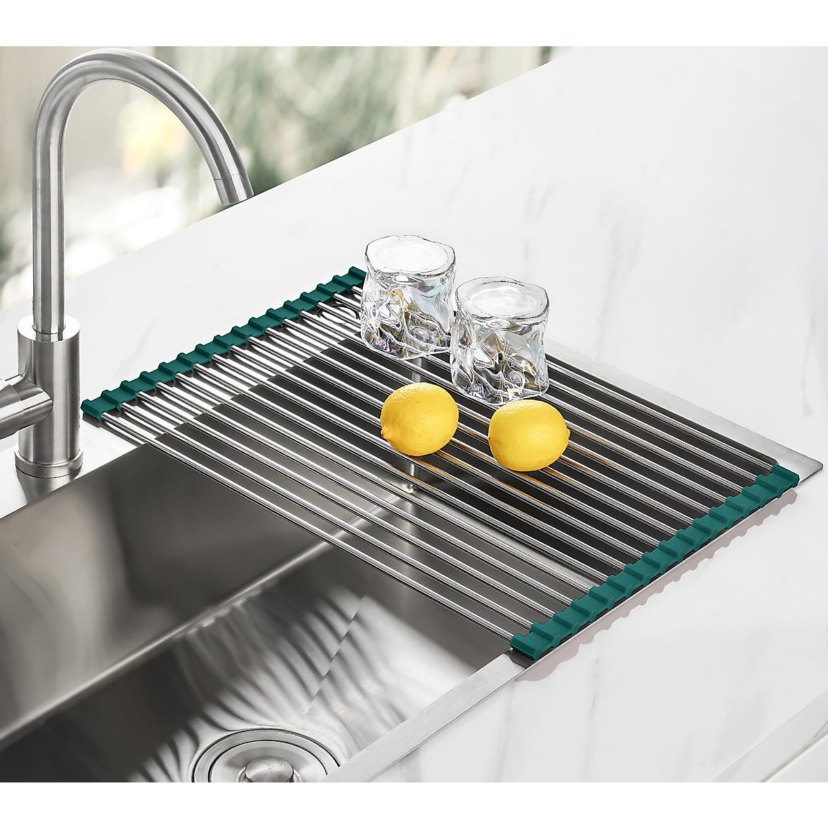 Tomorotec Stainless Steel Roll Up Dish Drying Rack, Foldable Over The Sink Rolling Drainer Rack, Multipurpose Kitchen Gadget Draining Caddy Organizer, Space Saving Sink Accessory Storage Shelf Holder