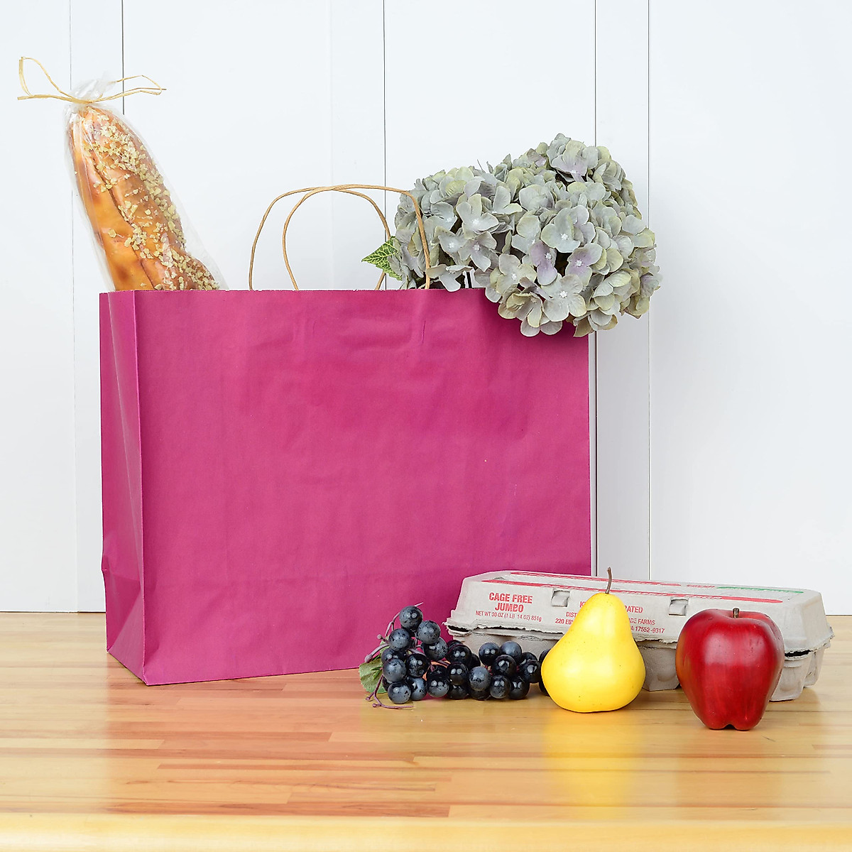 Pink Gift Bags with Handles - 16x6x12 Inch 100 Pack Large Fuchsia Kraft Paper Shopping Bags with Handles for Small Business, Retail & Boutique Use, Merchandise, Birthday & Holiday Gift Wrap, in Bulk