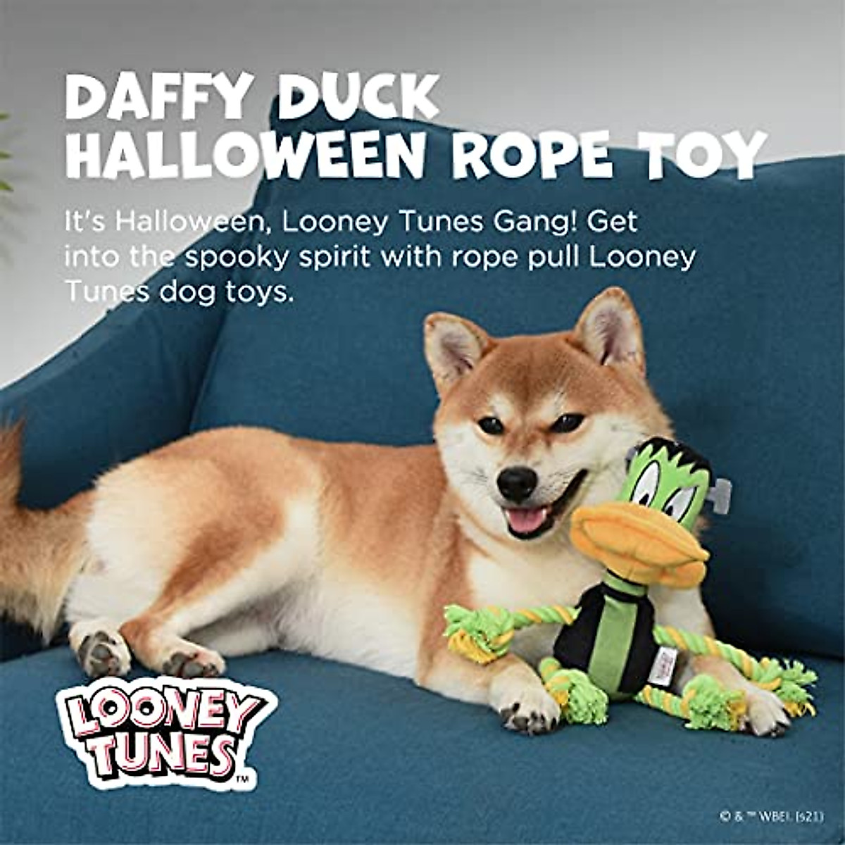 Looney Tunes for Pets Daffy Duck Plush Frankenstein Halloween Rope Pull Dog Toy | Daffy Duck Squeaky Dog Toy | Plush Fabric Dog Chew Toy Rope Toy for Dogs, 9 Inch, (FF16975)