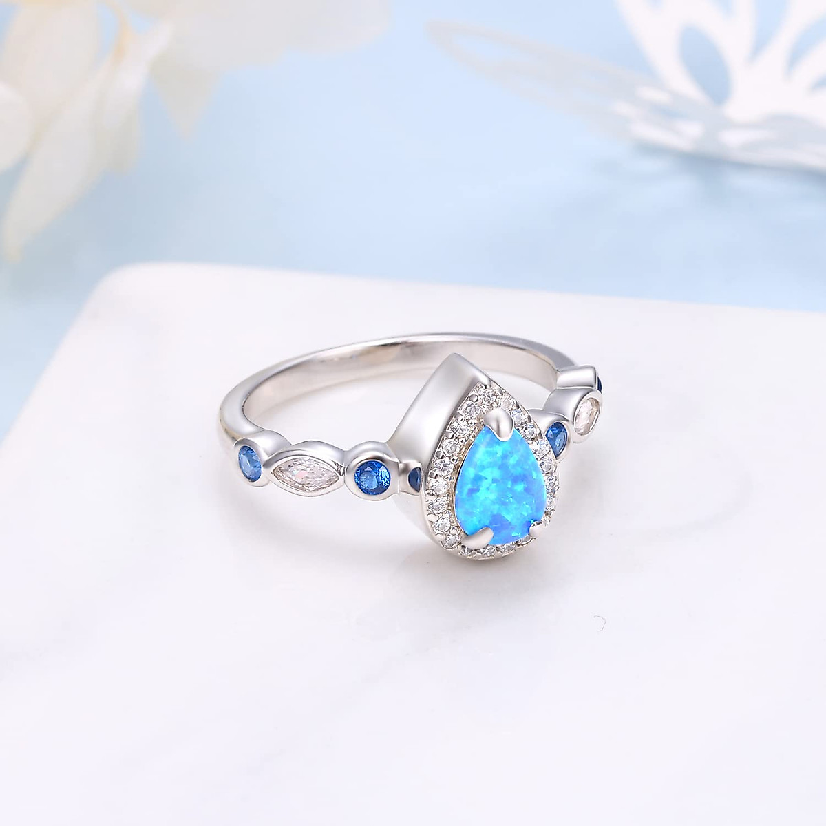 925 Sterling Silver Teardrop Urn Rings Hold Loved Ones Ashes, Blue Opal Cremation Keepsake Urn Ring Memorial Jewelry Gift for Ashes for Women