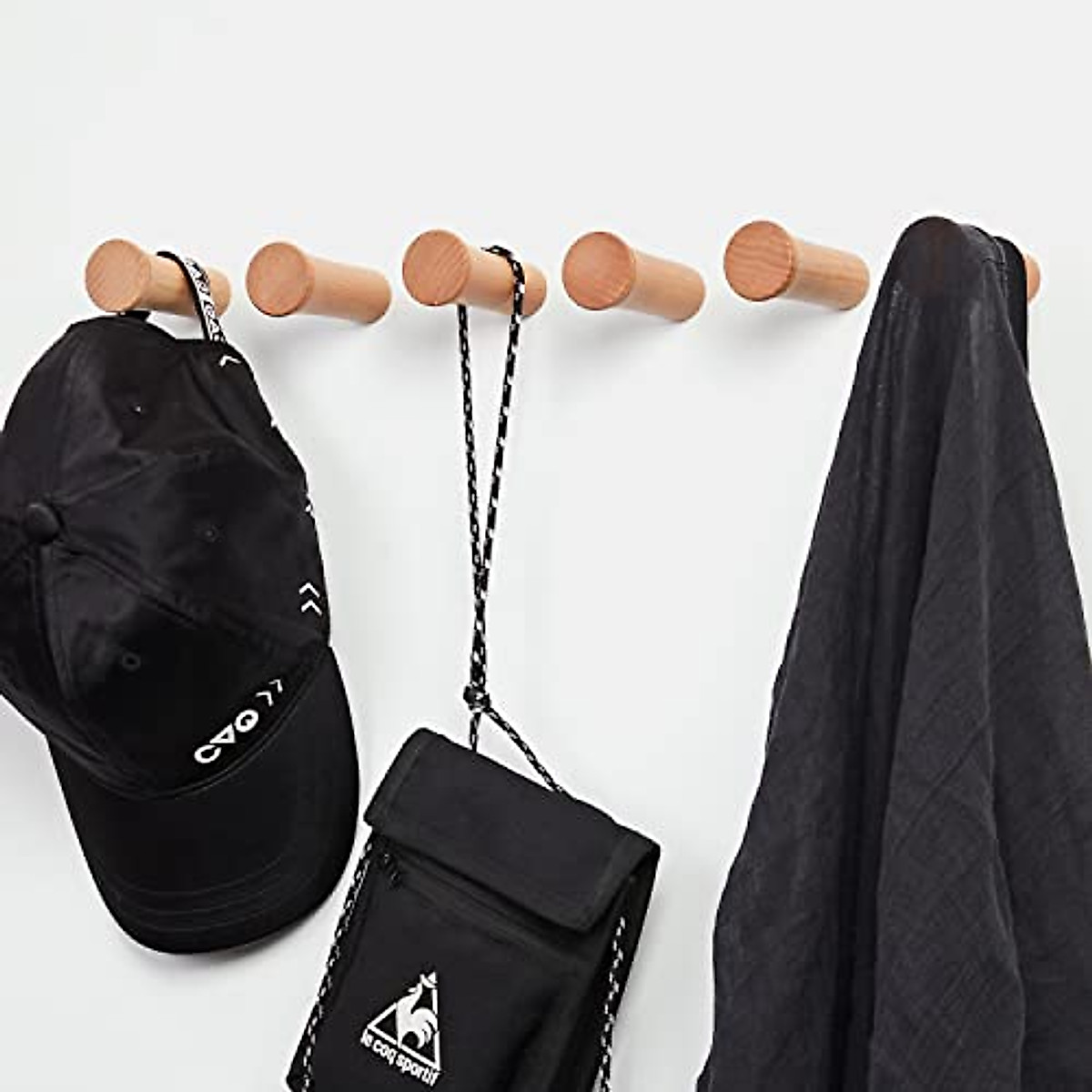 HomeDo Wall Hooks Rack, Wooden Coat Hooks Wall Mounted, Entryway Hat Rack, Decorative Hooks Single Organizer Wall Hanger Hat Hook Towel Rack, Heavy Duty Hooks (Beech-2inch-5Pack)