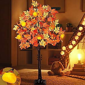 SURCVIO 4 Feet Prelit Fall Maple Tree Decor 8 Modes Autumn Harvest Festival Decorations 48 LEDs 6 Pumpkin Lights Acorns Artificial Tree for Home Indoor and Outdoor Autumn Thanksgiving Decorations