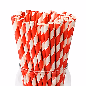 PakTalk [100 Pack] Party Straws Disposable 7.75" x0.24" Red and White Biodegradable Paper Drinking Straw for Cocktail, Milkshake, Coffee, Lemonade (0.24" x 7.75", Red)