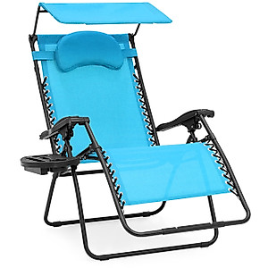Best Choice Products Oversized Steel Mesh Zero Gravity Reclining Lounge Patio Chair w/Folding Canopy Shade and Cup Holder, Aqua