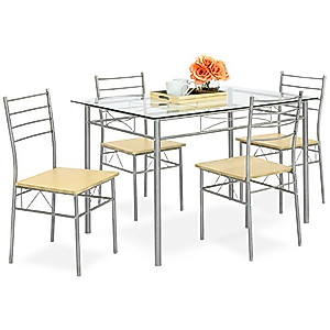 Best Choice Products 5-Piece Glass Top Dining Table Breakfast Set Furniture for Kitchen, Dining Room w/ 4 Chairs, Steel Frame - Silver