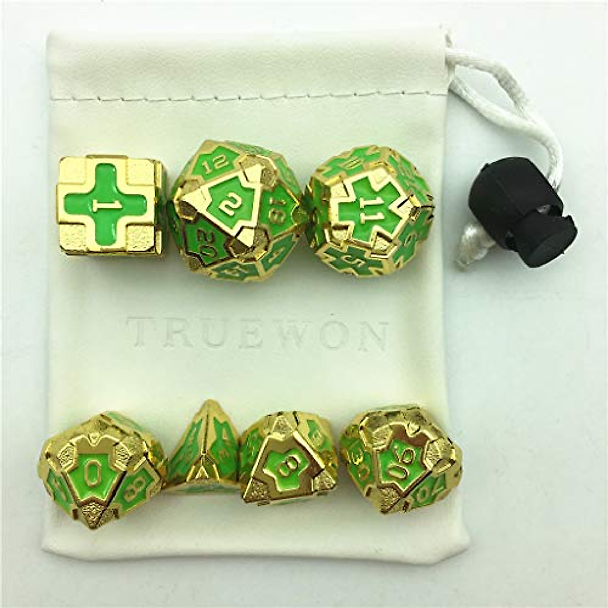 Metal DND Dice Set for Dungeons and Dragons Role Playing Games Tabletop Die (Model B Golden Green Luminous)