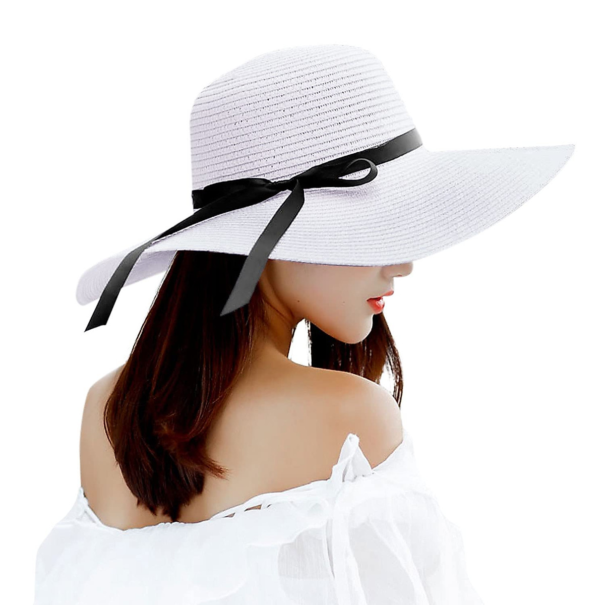 FARVALUE Women's Sun Beach Straw Hat Wide Brim Floppy Folable UPF 50+ Summer Hat for Women White