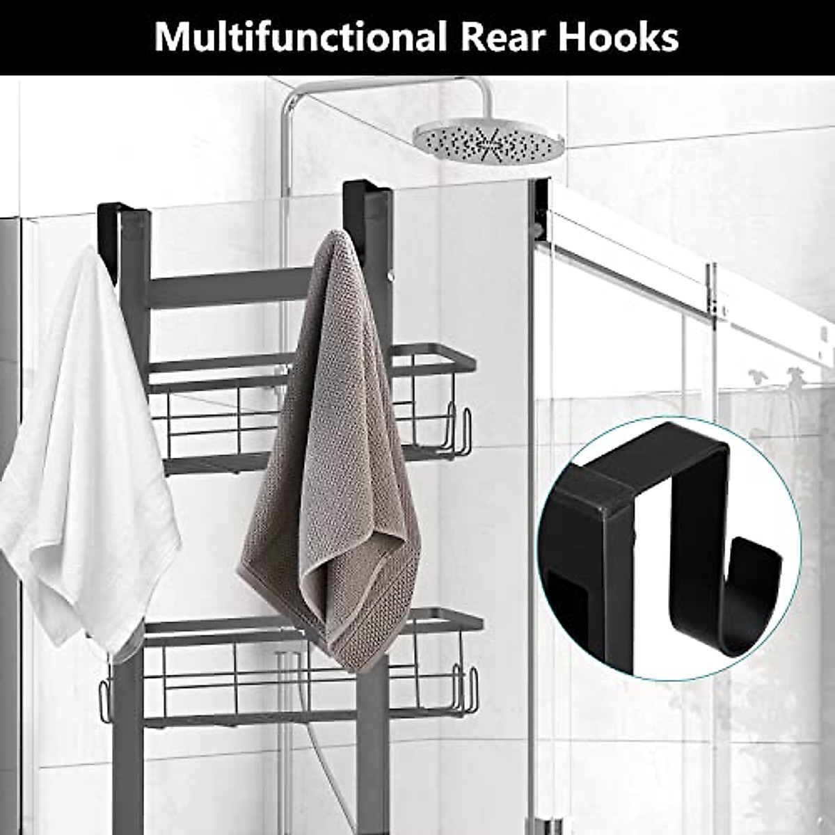 AUROPEAK Shower Caddy Over the Door, Hanging Shower Organizer Rustproof No Drilling, Adjustable Over the Shower Door Caddy Storage Rack with 5-Tier Shelf Baskets, Soap Holder, Towel Hooks for Bathroom