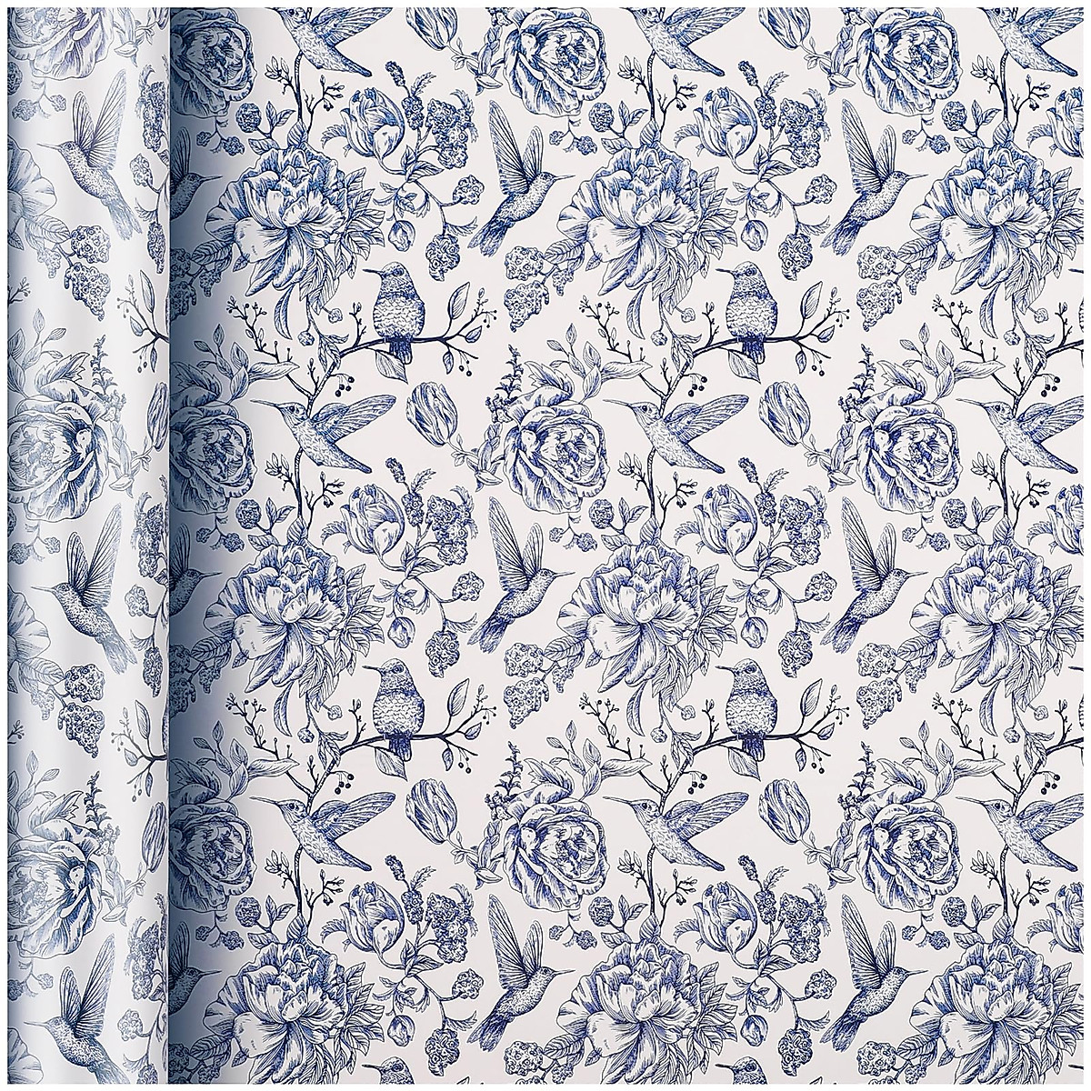 1 Roll Blue Floral Bird Wrapping Paper Mini Roll 17in x 32.8Ft Blue White Flowers Bird Pattern Gift Wrap Paper Vantege Floral Paper for Birthday Wedding Baby Shower Party Wrapping Supplies