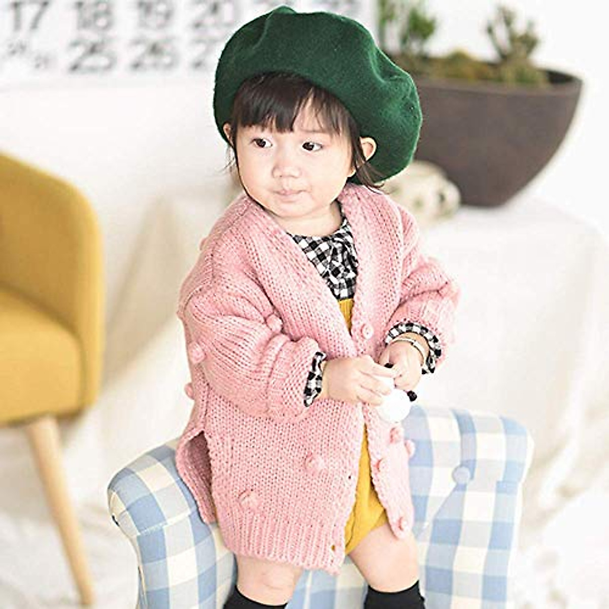 Toddler Newborn Baby Boys Girls Pompoms Soft Cardigan Sweater Kids Warm Knitted Pullover Tops Winter Clothes (Pink, 4-5T(100))