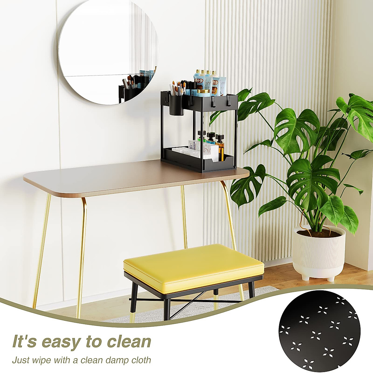 DEKYHOME Under Sink Organizer and Storage,Bathroom Organizer with 4 Hooks and 1 Hanging cup, Multi-purpose Storage Shelf for Bathroom Kitchen