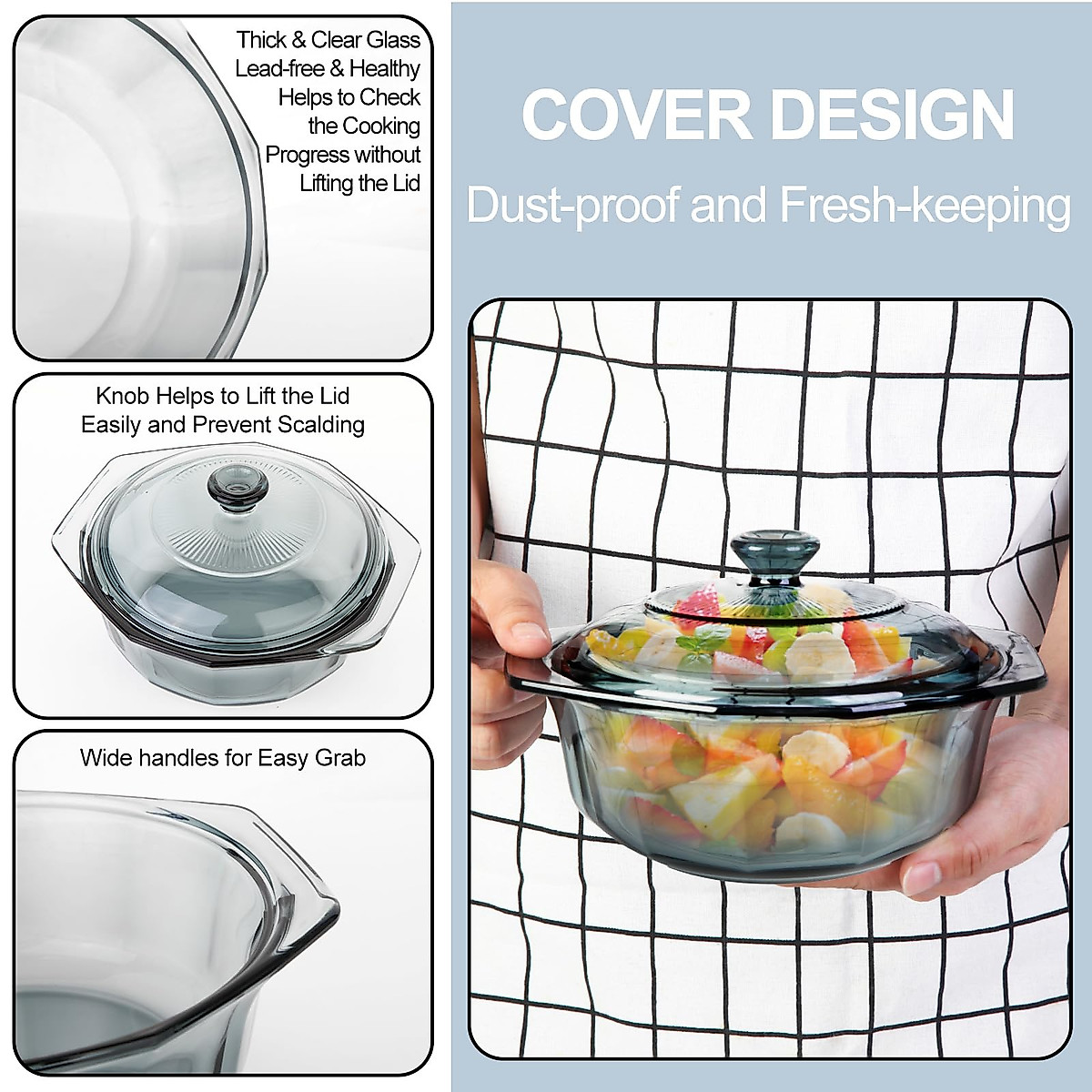 TIPTAP Casserole Dish,Baking Dish,Glass Casserole Dish with Lid,Corningware,Oven Safe, Microwave Safe, Fridge Safe,Round Casserole Dish With Lid, Mini Casserole Cookware with Handles,Bowls for Kitchen（33.08oz/1L）