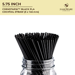 [500 COUNT] CORNSTRAW 5" Black PLA Cornstarch Plasticless Disposable Drink Stirrer Cocktail Straw