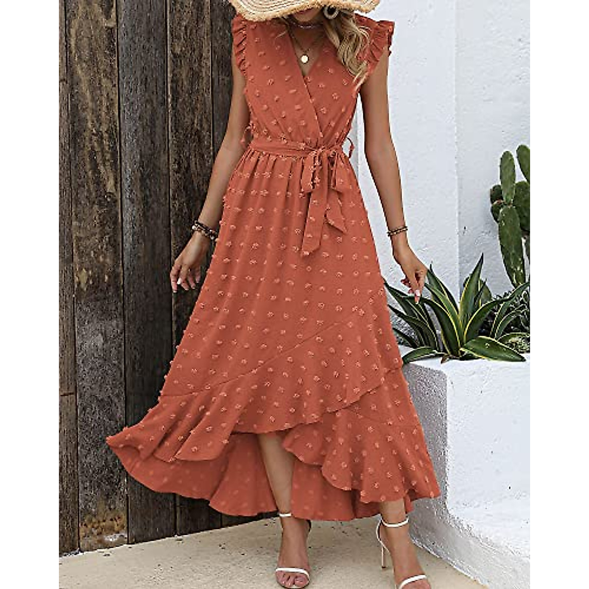 BTFBM Women's 2023 Summer Wrap V Neck Dress Ruffle Sleeve Swiss Dot Boho Ruffle Slit Beach Party Flowy Long Maxi Dresses(Swiss Dot Orange Red, Medium)