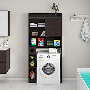 Over The Toilet Storage Cabinet, Farmhouse Storage Cabinet Over Toilet with Sliding Barn Door & Toilet Paper Holder Stand，Home Space-Saving Toilet Rack, for Bathroom, Restroom, Laundry