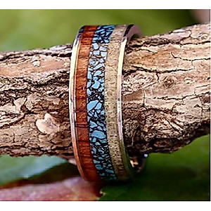 2 pc Wedding Rings Set Deer Antler Turquoise Koa Wood Stainless Steel Sterling Silver Engagement Rings (10)