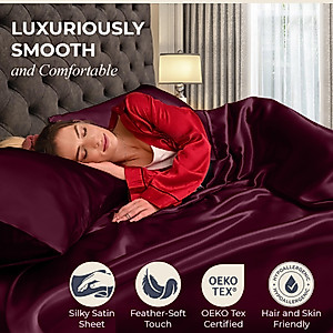DECOLURE Satin Sheets Full Set 6pcs - Genuine and Luxurious Silk Touch Satin Sheets Full w/Deep Pocket - Elegant All-Season Silky Soft Full Size Bed Sheets - Comfy Satin Sheets Full Set (Rosewood)