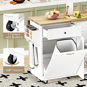 Large Kitchen Island with Drop Leaf,Kitchen Rolling Trash Cabinet Tilt Out 10 Gallon Storage W/2 Drawers,Movable Carts on Wheels with Spice Rack&Towel Rack for Home, Kitchen and Dining Room(White)