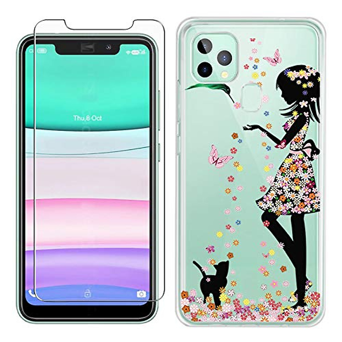 AQGG Tempered Glass Film + Cover for Oukitel C22 [5.86"], 9H Hardness Screen Protector and Soft Silicone Case Bumper Shell Transparent Protective TPU Cases -Girl