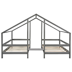 RUNWON Double Twin Size House Platform Bed, House-Shaped Sharing Daybed Frame with Built-in Desk and Safety Guard Rails for Kids Teens Adults, Grey