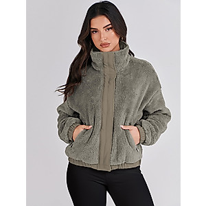 ANRABESS Womens Fleece Jacket Casual Long Sleeve Cropped Sherpa Button Down Fuzzy Warm Coats Fall Outwear With Pockets Grey Medium