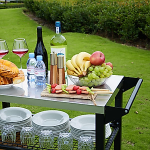 Polar Aurora Three-Shelf Movable Outdoor Grill Cart Pizza Oven Stand, Multifunctional Kitchen Food Prep Table with Drawer, Stainless Steel Desktop Dining Worktable on 4 Wheels & Seasoning Tray