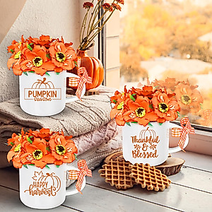 3PCS Mini Coffee Mug with Artificial Flowers for Fall/Thanksgiving Tiered Tray Decor - Autumn Pumpkin Ceramic Fall Decorations for Home Fall Decor Farmhouse Table Centerpiece Warming Gifts New Home