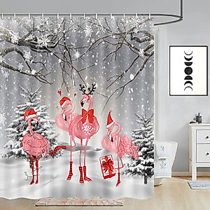 Christmas Flamingo Shower Curtain, Pink Flamingos Wear Santa Hat Funny Xmas Decor Shower Curtain for Bathroom, Winter Snowflake Waterproof Polyester Fabric Bath Curtain with Hooks, 72x72 inches
