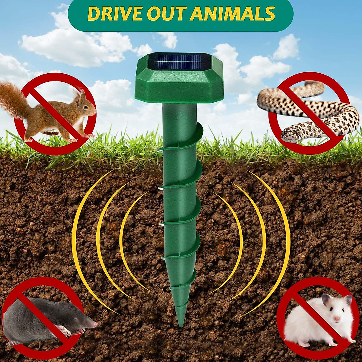 2024 2 Pack Solar-Energy Mouse Repellent with Screw-Shape Stakes Outdoor, Ultrasonic Mole Repellent for Lawn, Yard, Farmland, Keep Voles, Chipmunks, Squirrels, Snakes, Armadillos, Groundhogs Away
