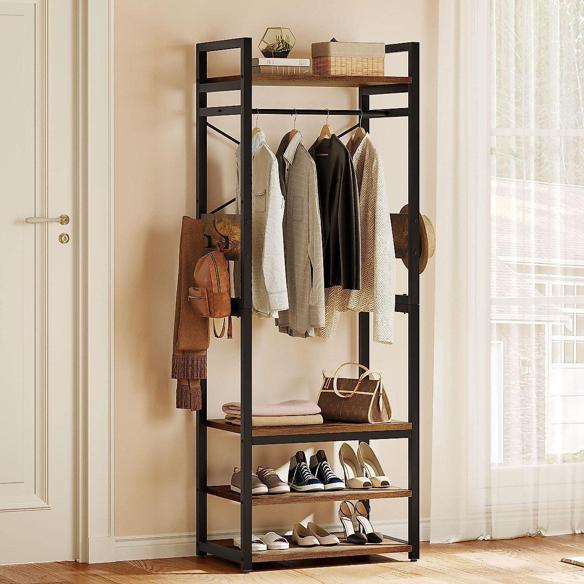 YITAHOME Small Heavy Duty Clothes Rack with Storage Shelves and Hanging Rod, Industrial Hall Tree Garments Rack, Freestanding Closet Organizer for Small Space, Entryway, Bedroom, Rustic Brown