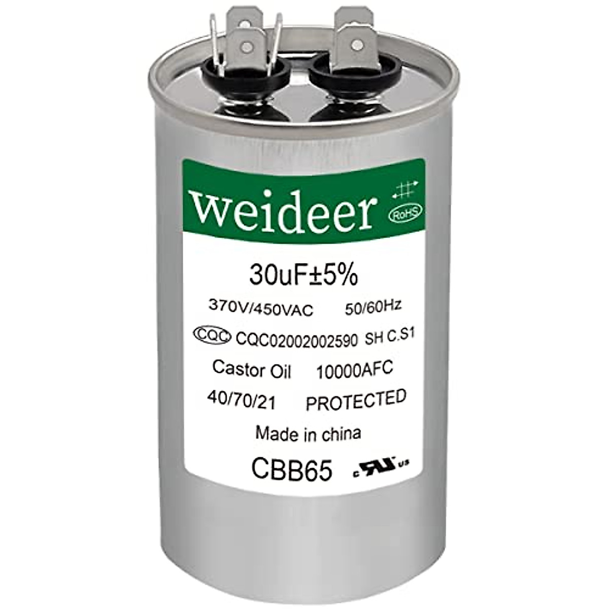 weideer 30uF MFD 370/450 VAC CBB65 Capacitor 50/60 Hz for Condenser Straight Cool or Heat Pump Air Conditioner or AC Motor Run and Fan Starting