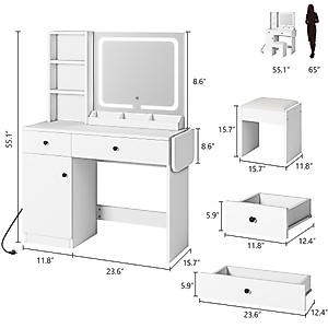 GAOMON Makeup Vanity Desk with Mirror and Lights, Vanity Desk Set with Outlet & Drawers & Open Shelf & Storage Cabinet, Vanity Table Set for Bedroom, White