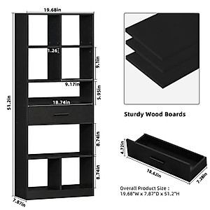 LELELINKY 6 Tier Open Bookshelf Mid Century Modern Bookcase, Wood Book Shelf with 8 Cubes and a Drawer, Floor Freestanding Bookshelves Cube Storage Organizer for Bedroom, Living Room, Office (Black)
